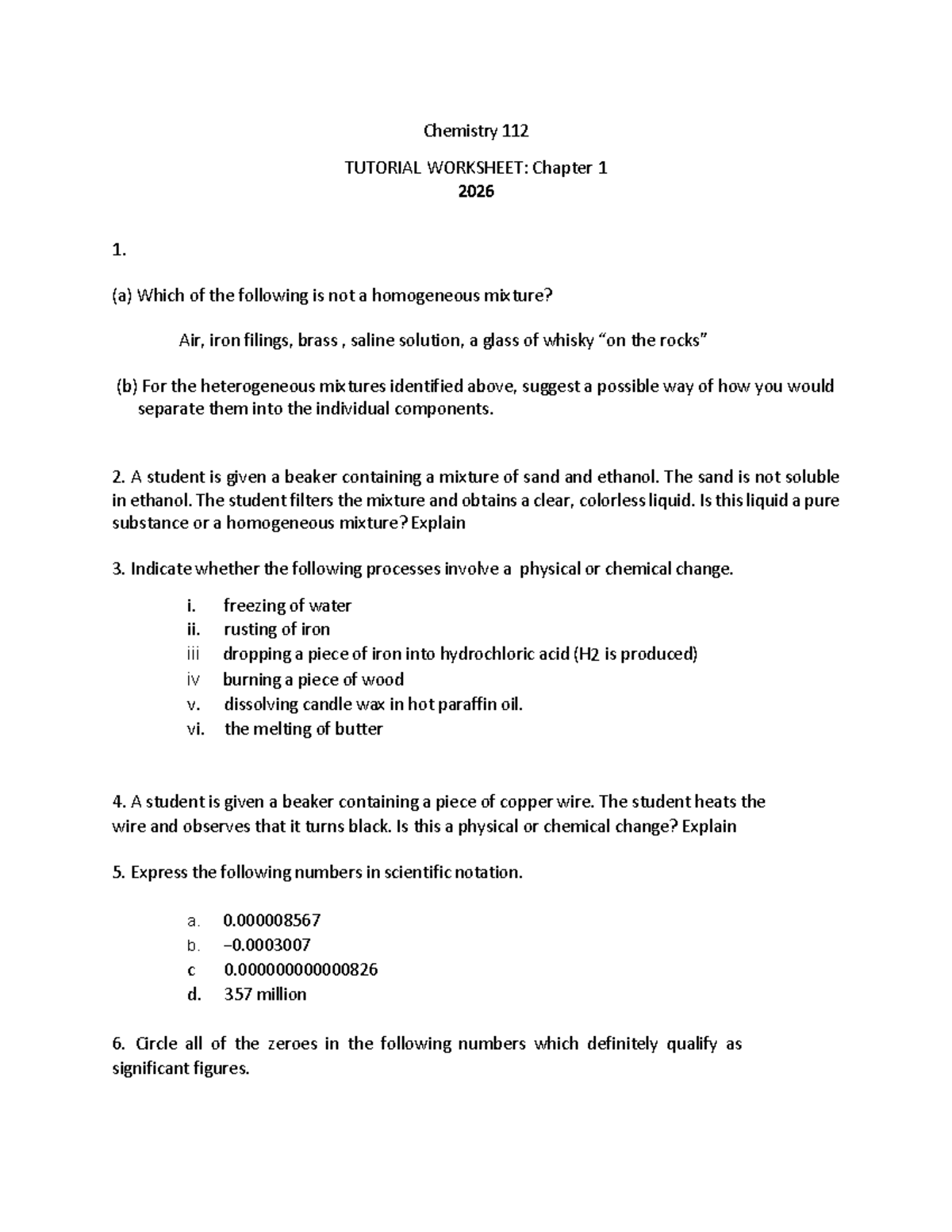 Chemistry 112 Tutorial Worksheet: Chapter 1 - Studocu