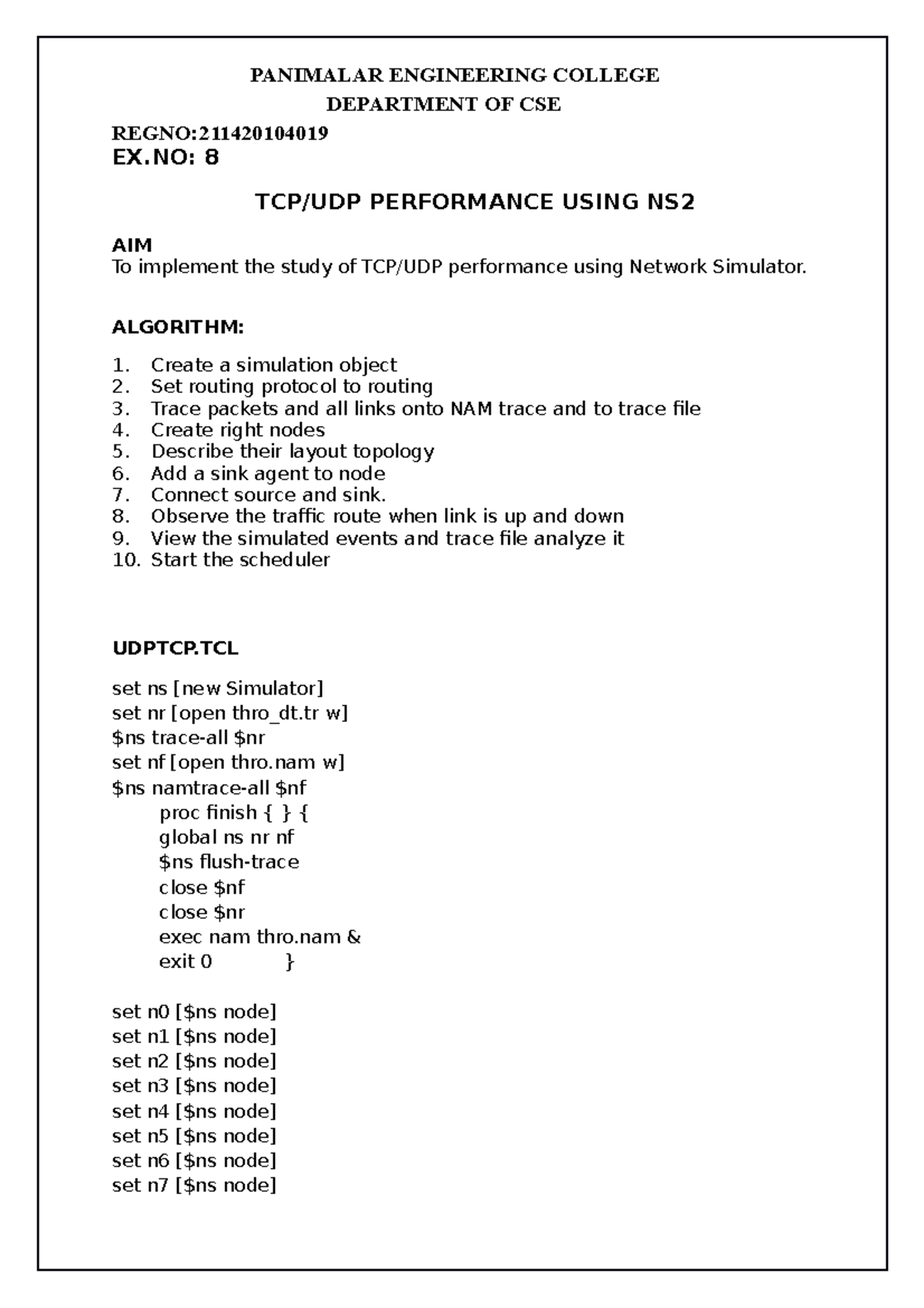8 Tcpudp Performance Using NS2 - DEPARTMENT OF CSE REGNO: EX: 8 TCP/UDP PERFORMANCE USING NS AIM ...