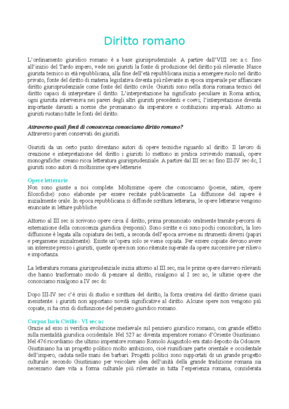 Fonti del Diritto Romano - Corso di Diritto 2023 - Studocu