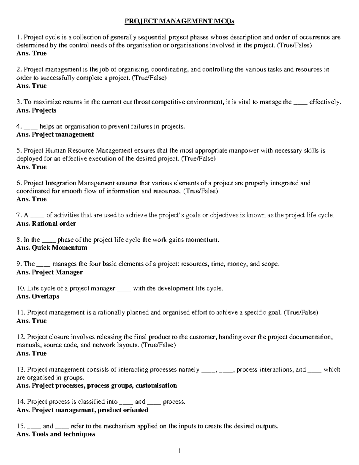 Project-Management-MCQs - PROJECT MANAGEMENT MCQs Project cycle is a ...