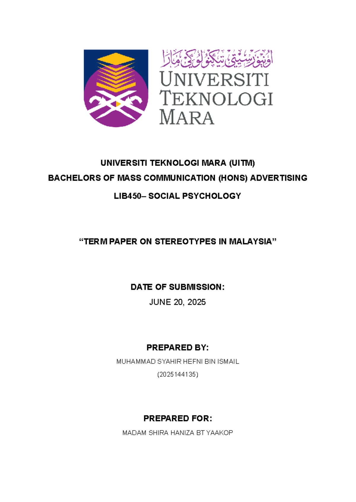 LIB Individual Assignmnet - UNIVERSITI TEKNOLOGI MARA (UITM) BACHELORS ...