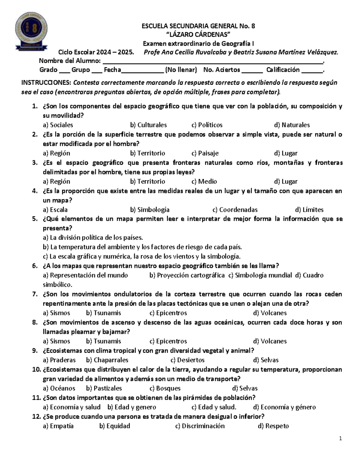 Examen Extraordinario de Geografía I - Ciclo 2024-2025 - Studocu