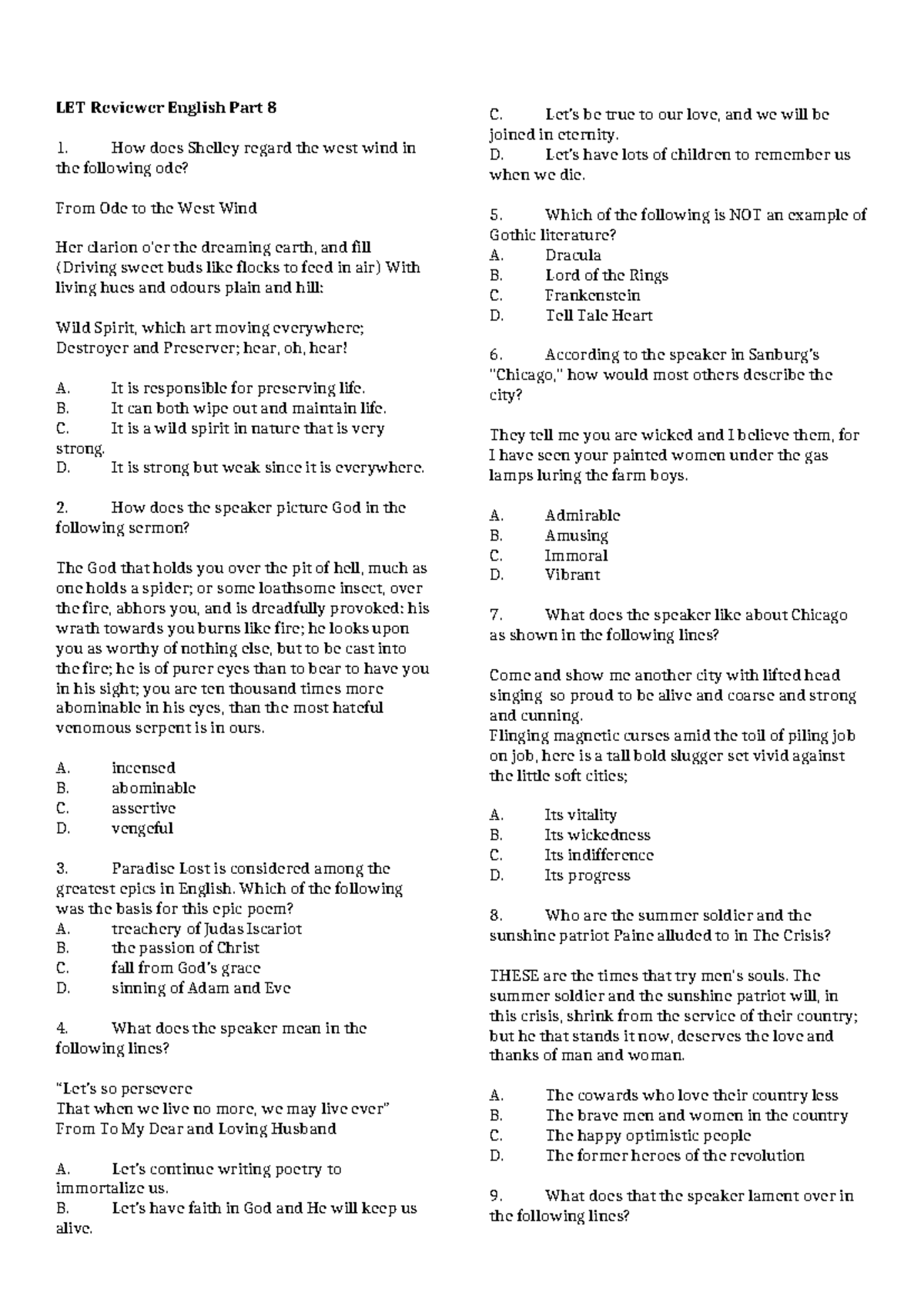 LET Reviewer English Part 8: Practice Test Questions and Answers - Studocu