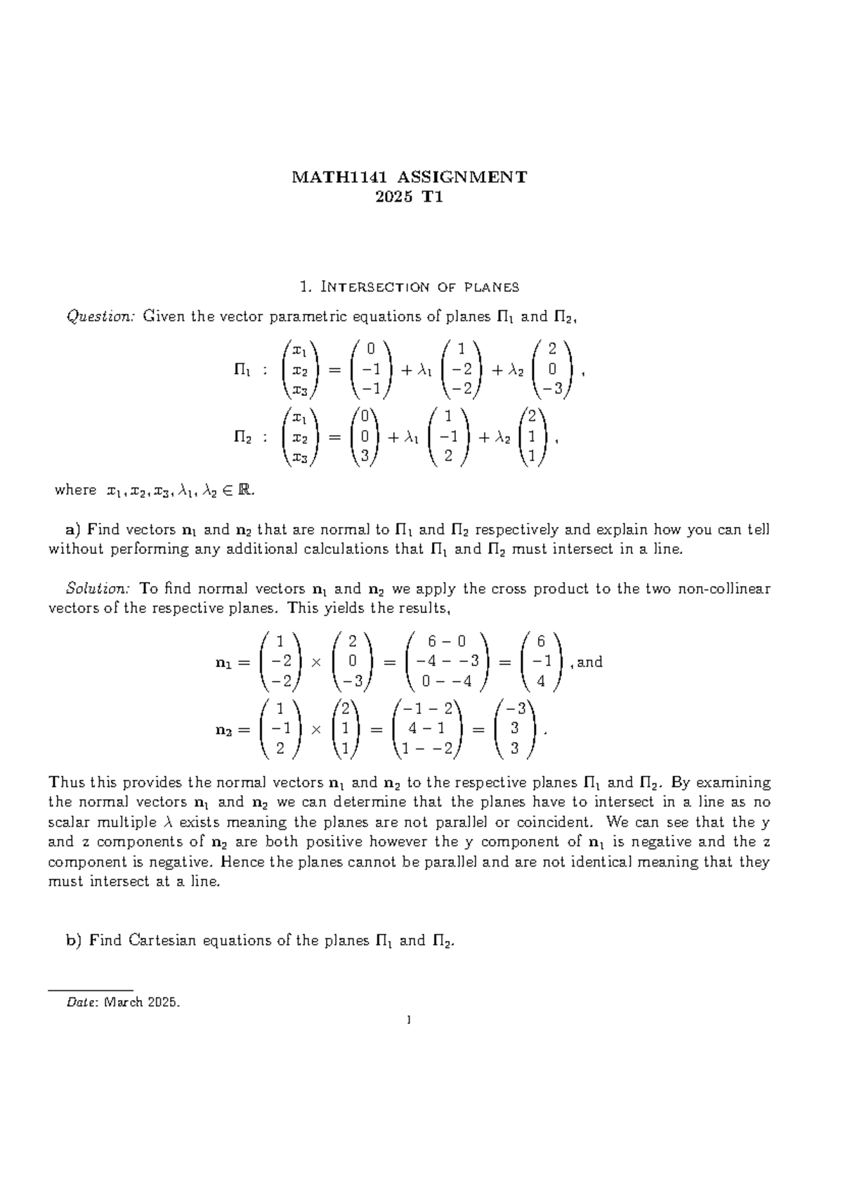 MATH1141 ASSIGNMENT 2025 T1: Intersection of Planes and Circuit ...