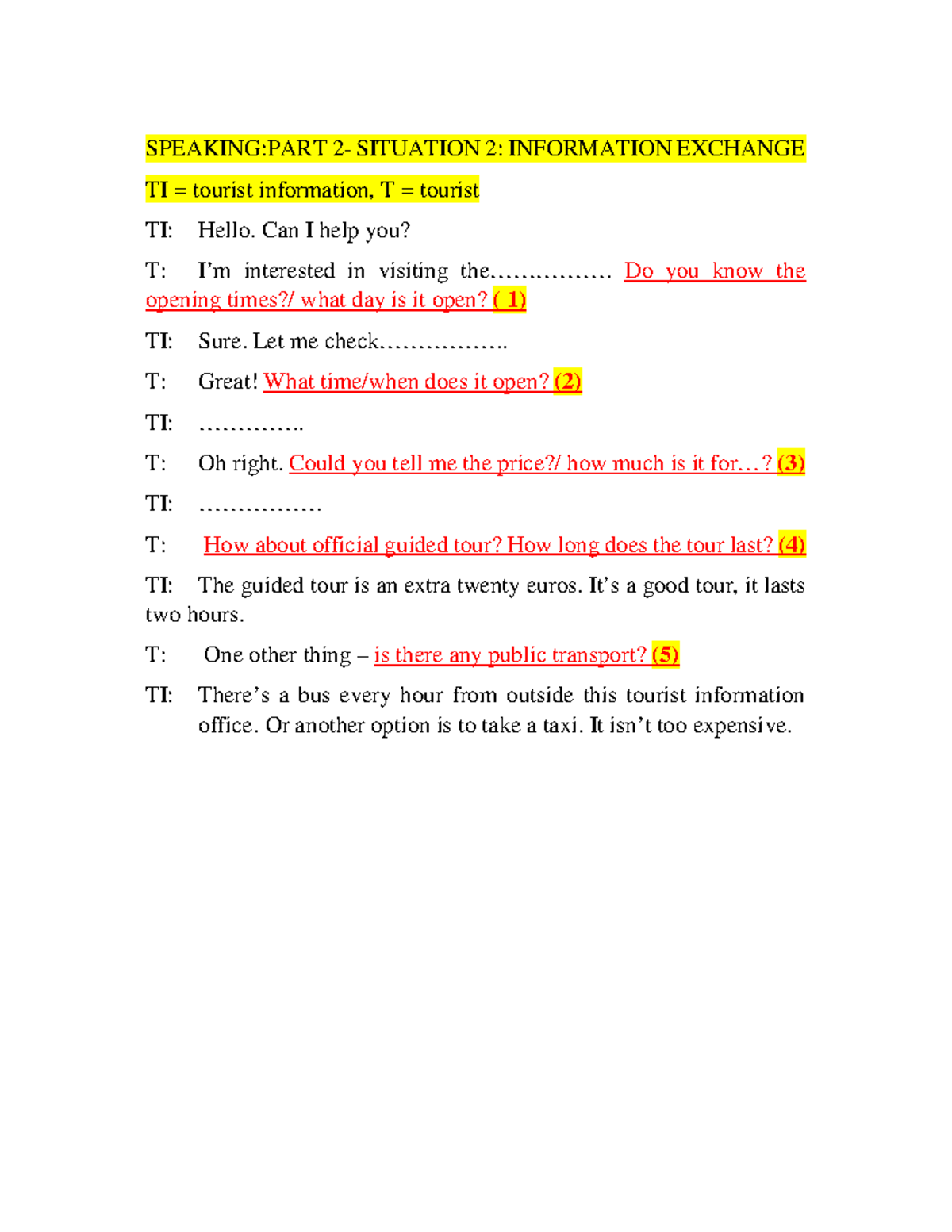 Speaking Exchange Info: Part 2 - Tourist Information Exchange - Studocu