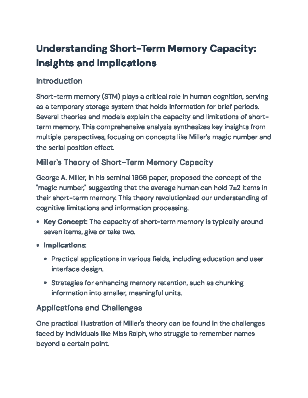 Understanding Short-Term Memory Capacity: Insights from Cognitive ...