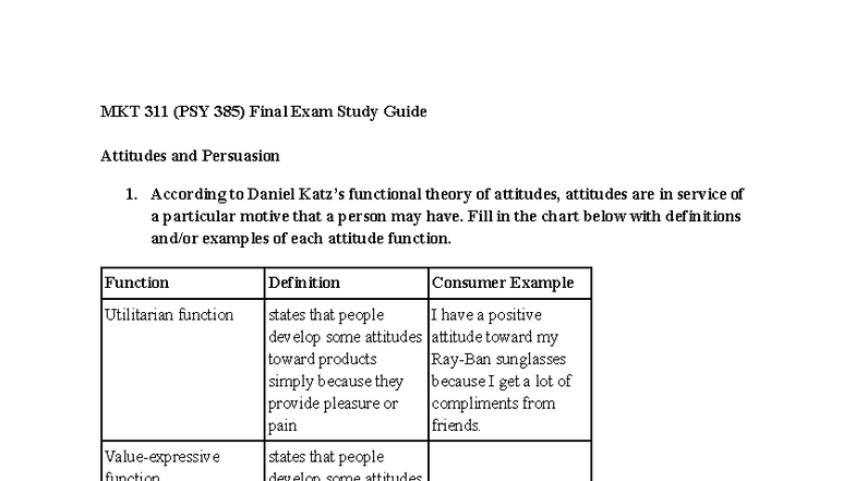 MKT 311 (PSY 385) Final Exam Study Guide: Attitudes & Persuasion ...