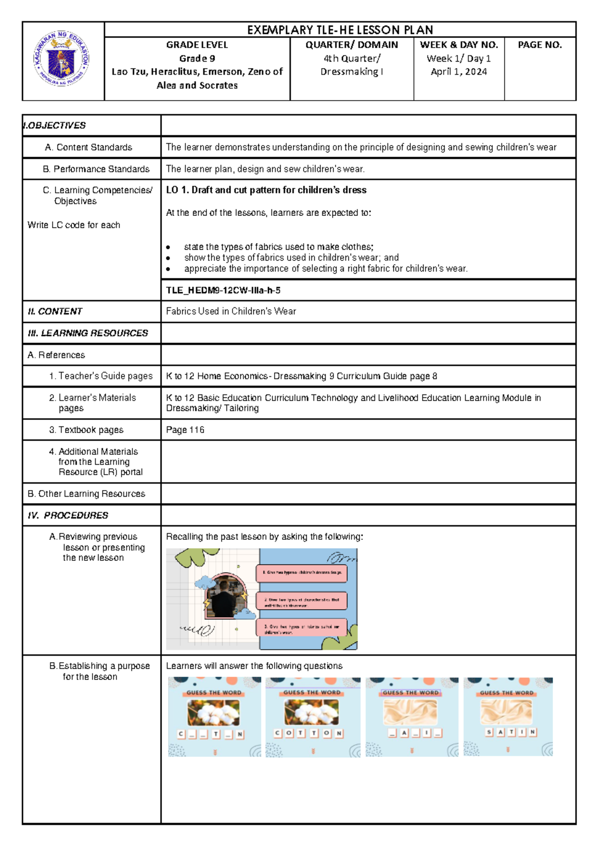 Types of Fabrics for Children’s Wear - Lesson Plan TLE_HEDM9-12CW-IIIa ...