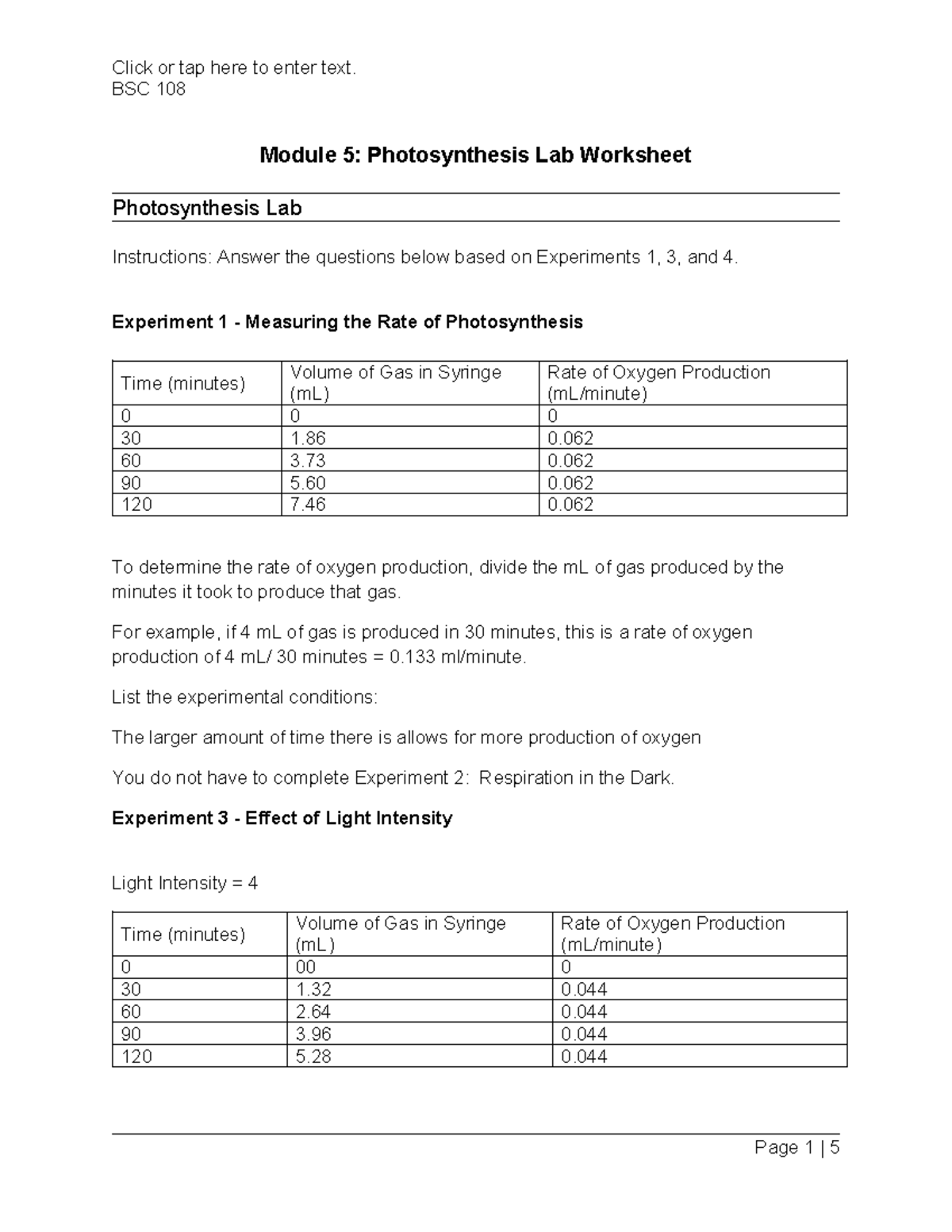 BSC 108 Lab 5: Photosynthesis Experiment Worksheet - Studocu