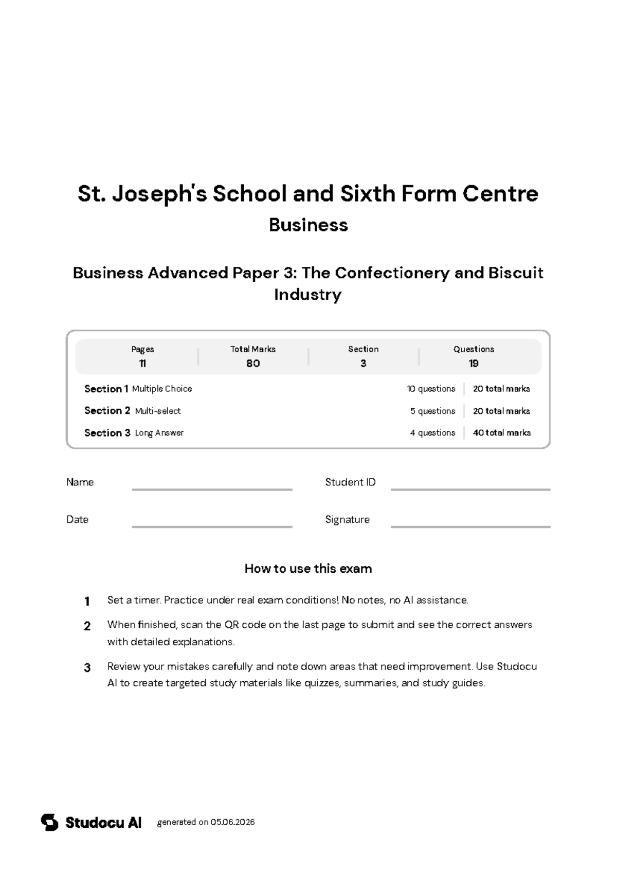 Business Advanced Paper 3: Confectionery Industry Exam - Studocu