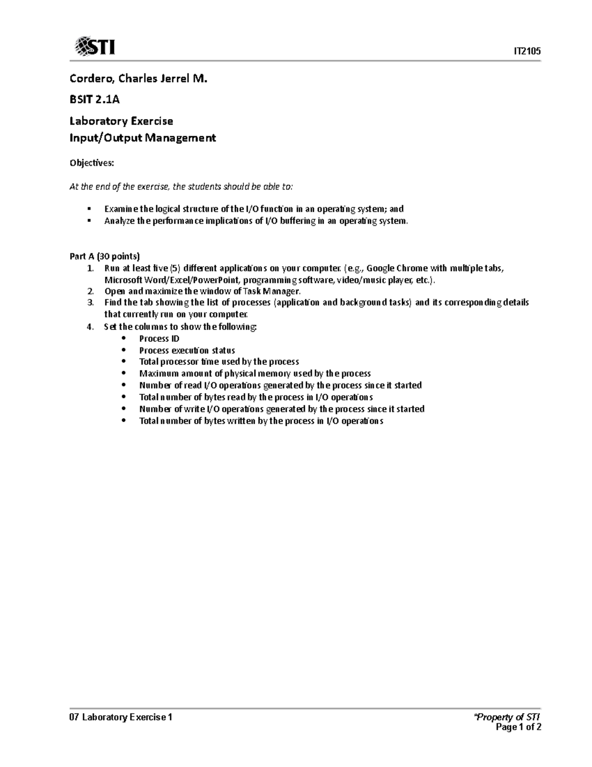 BSIT 2.1A Lab Exercise: I/O Management Analysis and Evaluation - Studocu