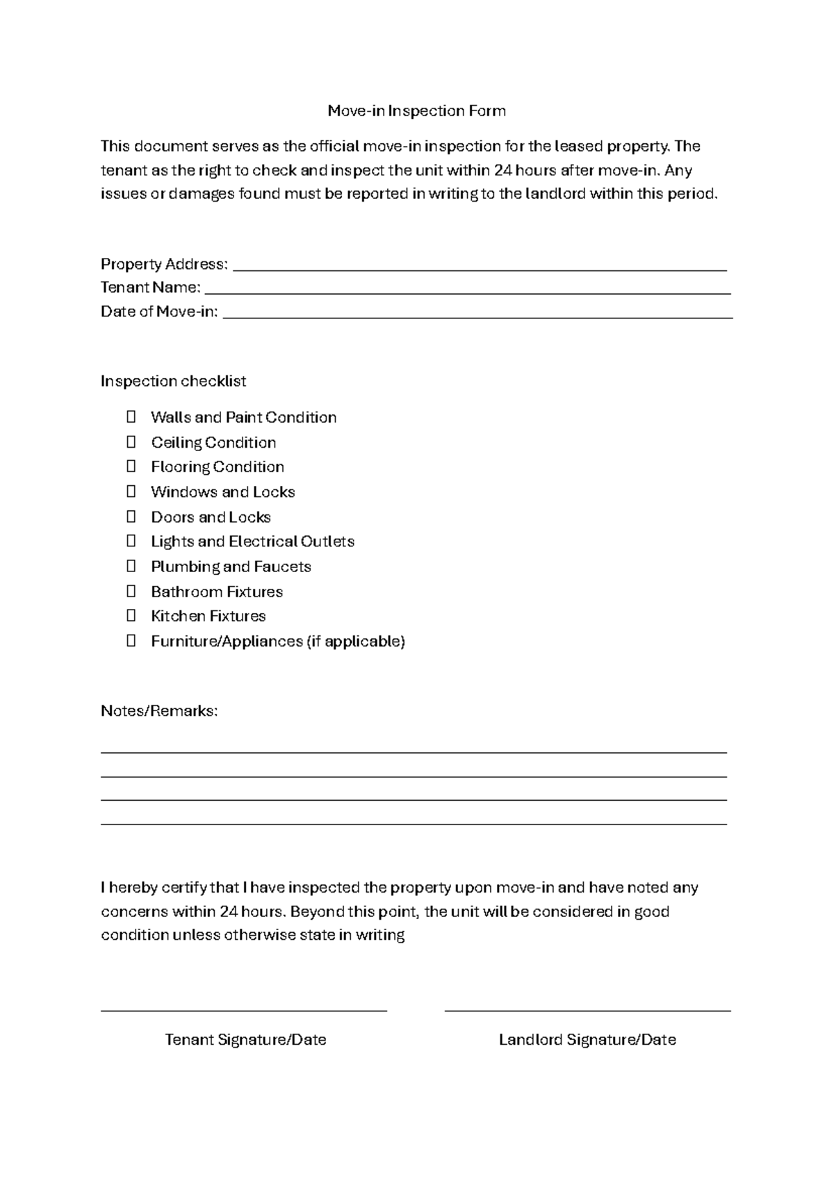 Move-in Inspection Form for Leased Property - Studocu