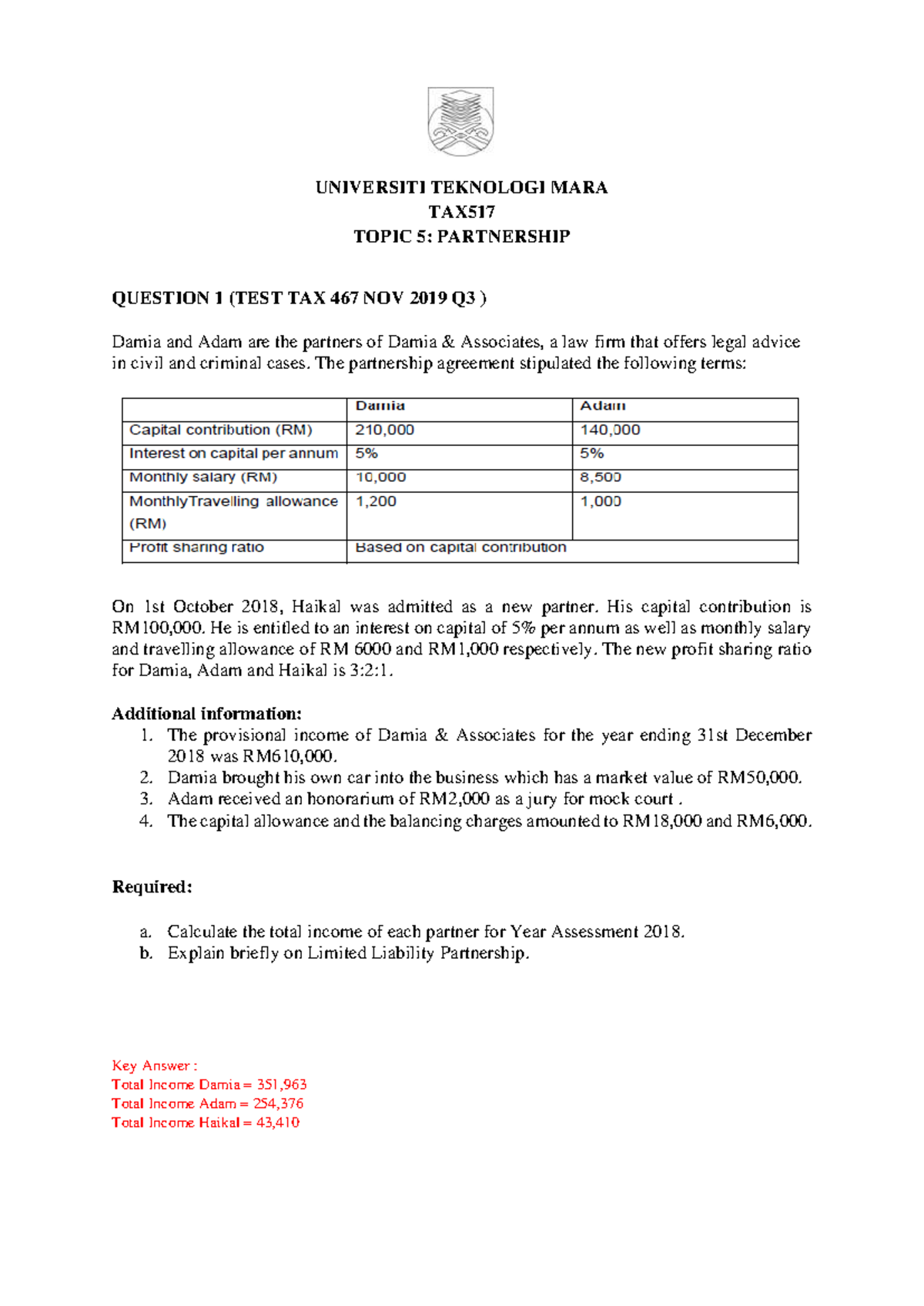 TAX517 Tutorial Chapter 5: Partnership Income Calculations & Analysis ...
