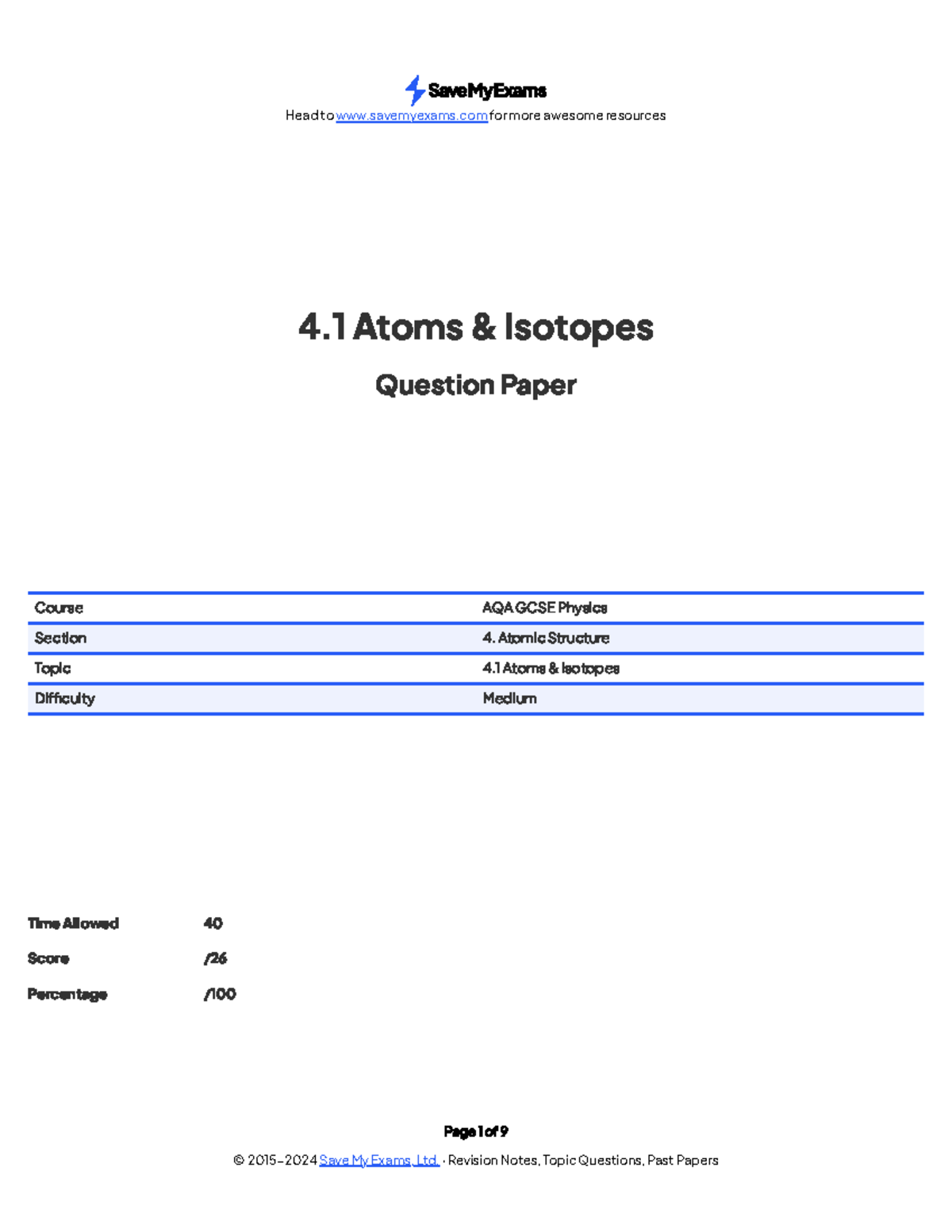 4.1 Atoms + Isotopes - Medium - Page 1 of 9 4 Atoms & Isotopes Question ...