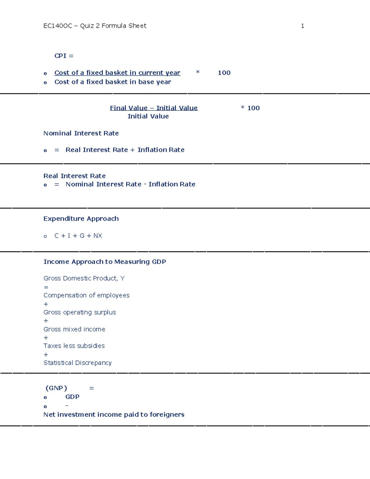 EC140OC - Quiz 2A - Formula Sheet - EC140OC – Quiz 2 Formula Sheet 1 ...
