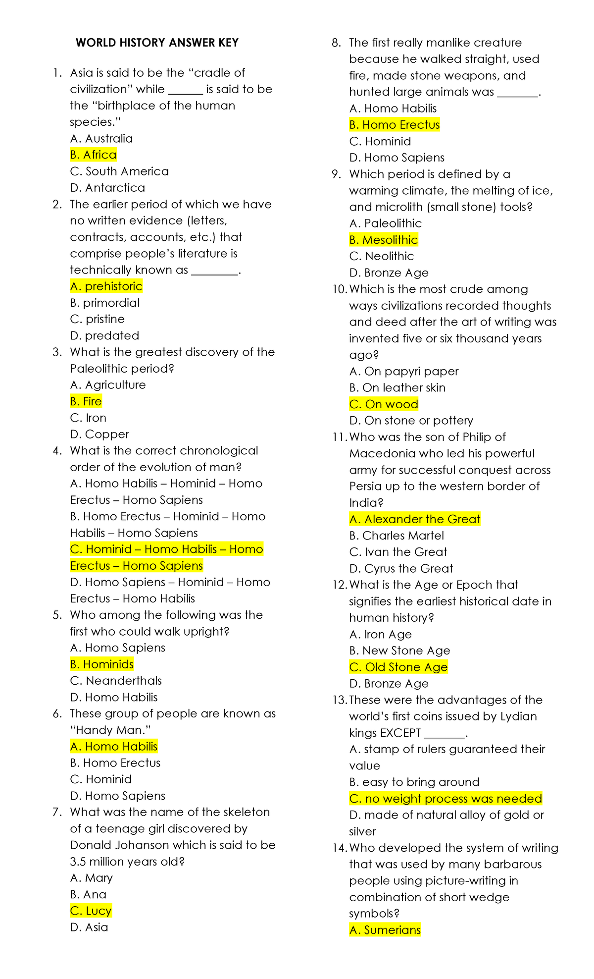 WORLD HISTORY ANSWER KEY: Quiz Solutions and Explanations - Studocu