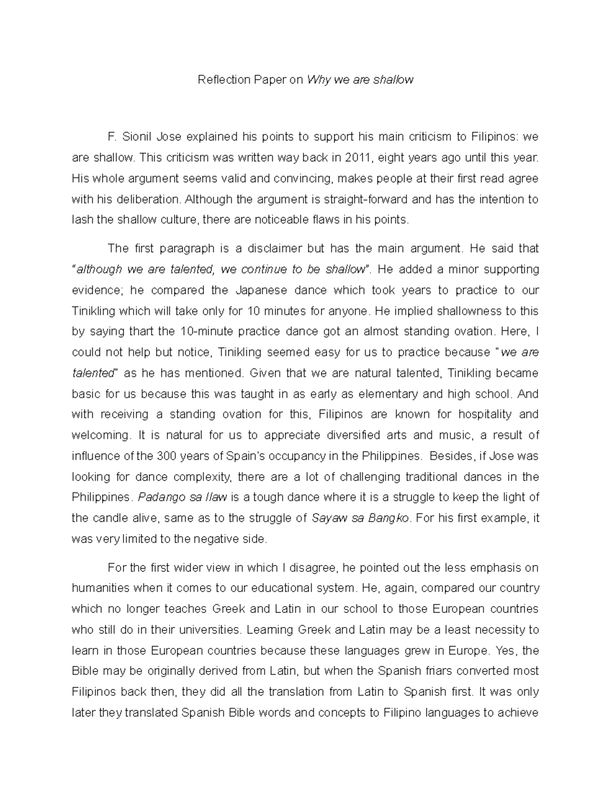 Uts - Reflection Paper on F. Sionil Jose's 'Shallow' Critique - Studocu