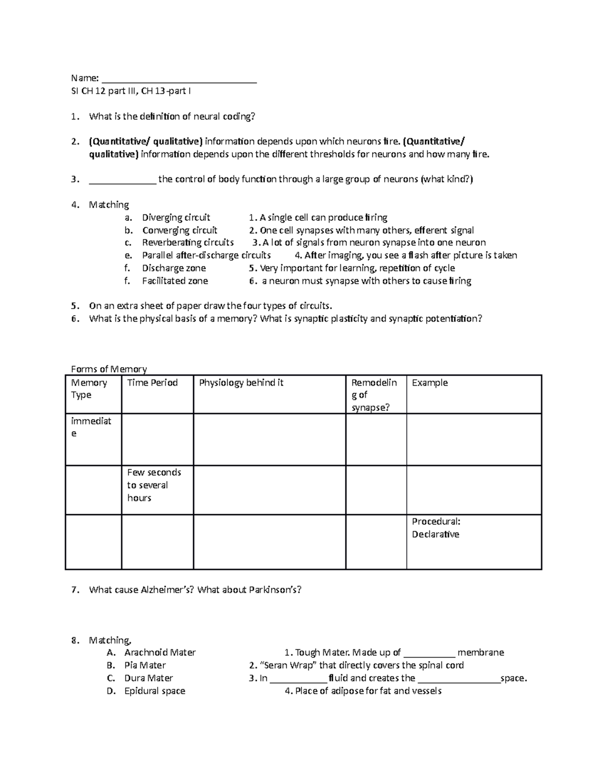 A&P CH 12 & 13 Worksheet – Neural Coding and Circuits Concepts - Studocu