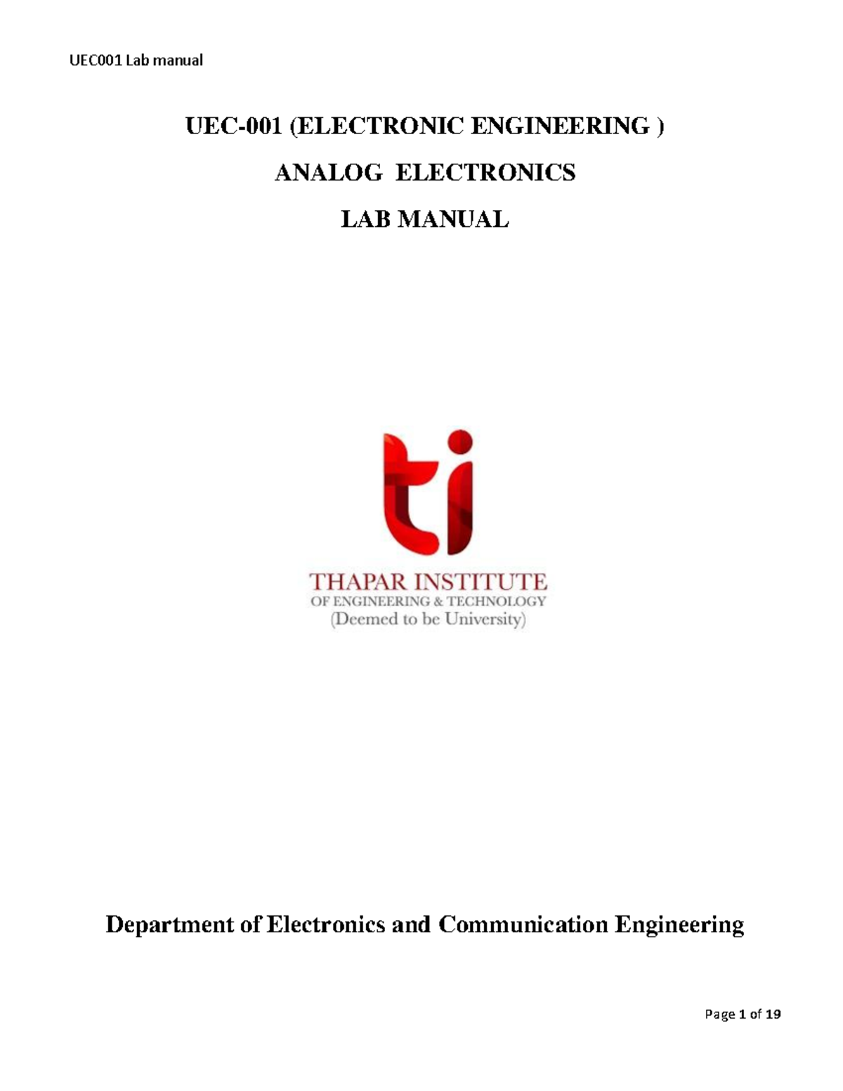 UEC001 Analog Electronics Lab Manual - Experiment Procedures and Observations - Studocu