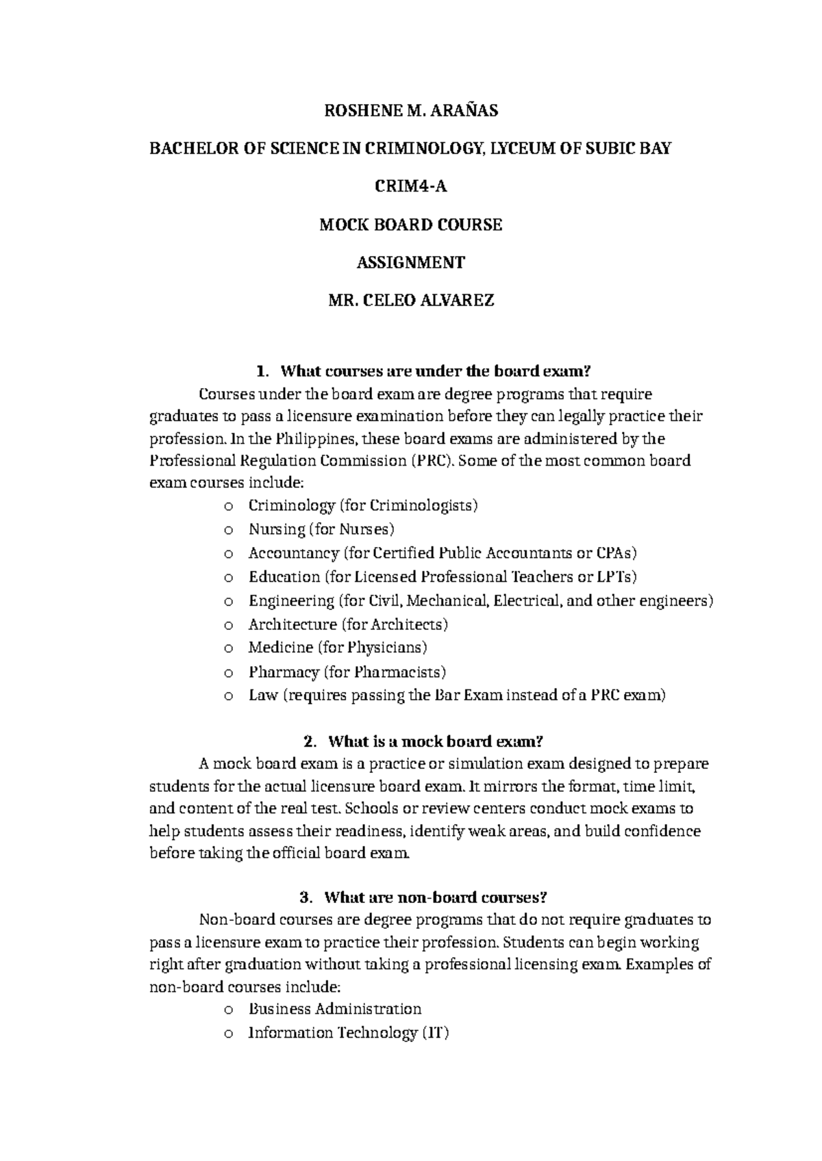 CRIM4-A Mock Board Exam Assignment Notes by Roshene M. Arañas - Studocu