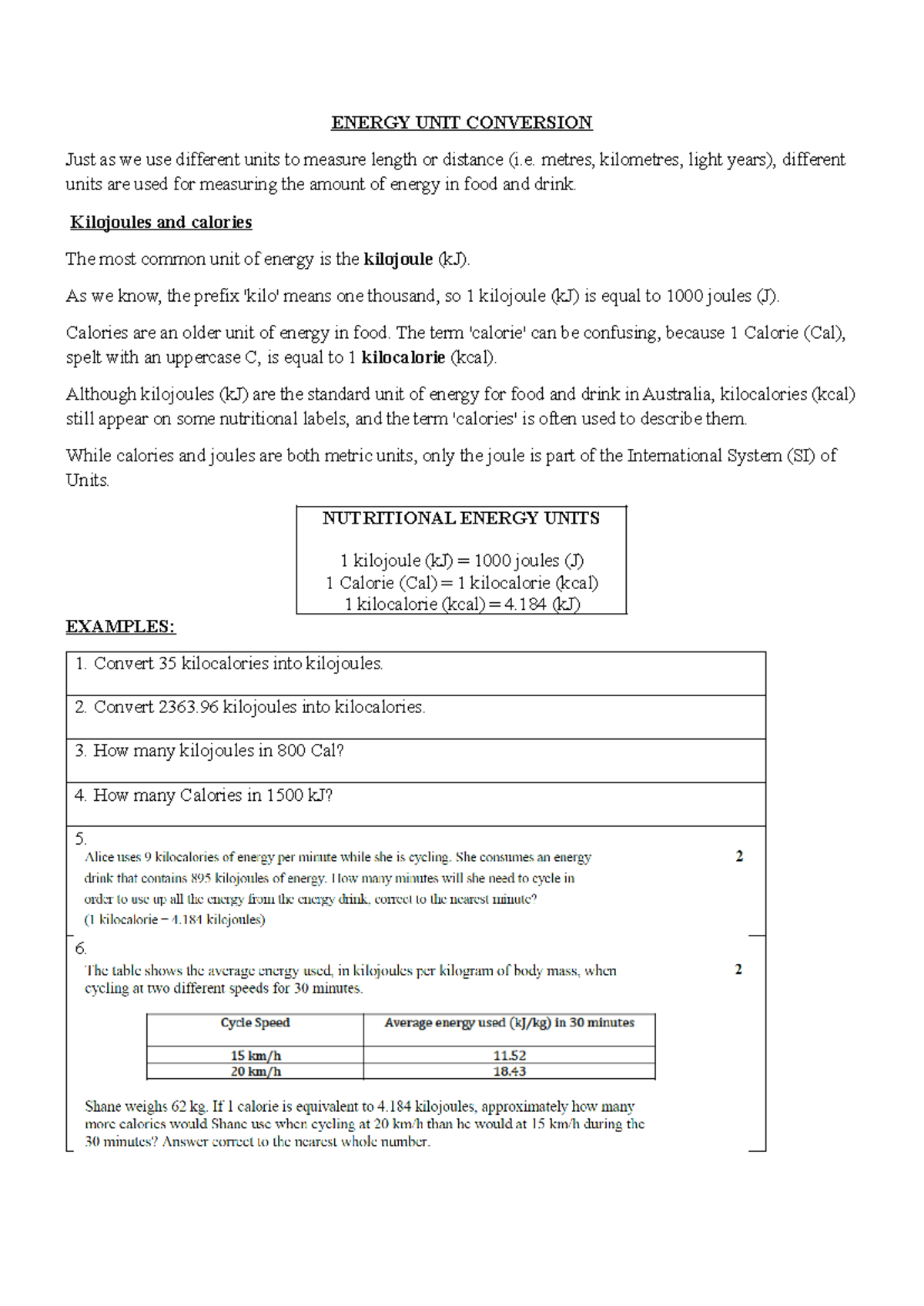 Energy Unit Conversion: Understanding kJ and Cal for Nutrition - Studocu