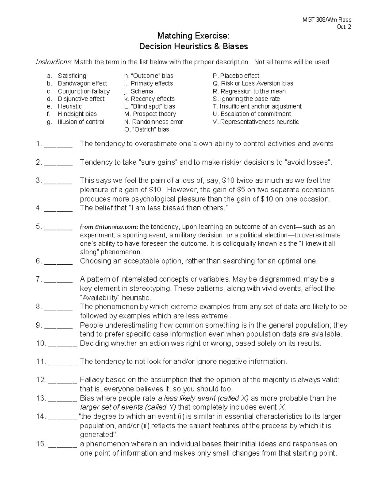 MGT 308 Final Exam: Decision Heuristics & Biases Matching Exercise ...