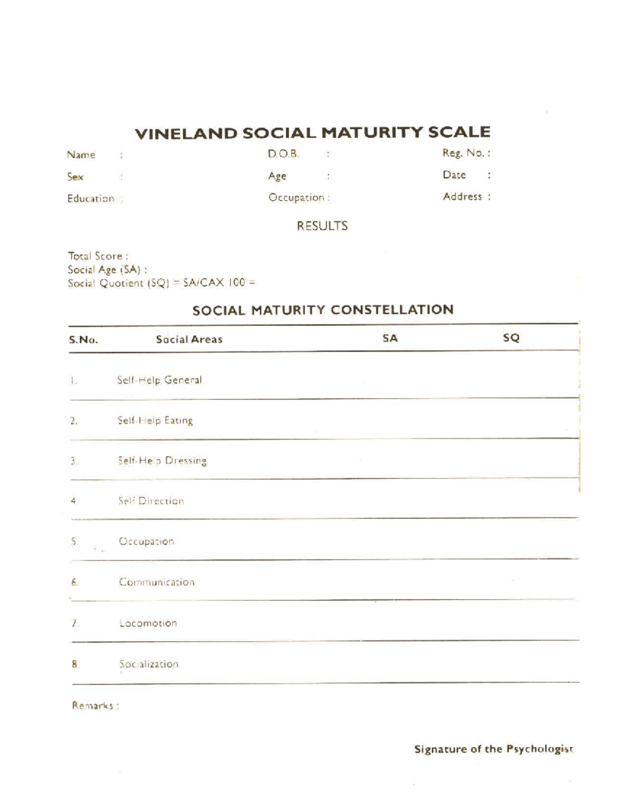 VINELAND SOCIAL MATURITY SCALE (VSMS) - Score Sheet Analysis - Studocu
