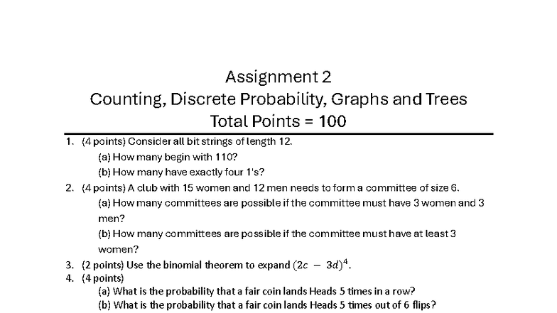 Assignment 2: Counting, Discrete Probability, Graphs & Trees - Studocu