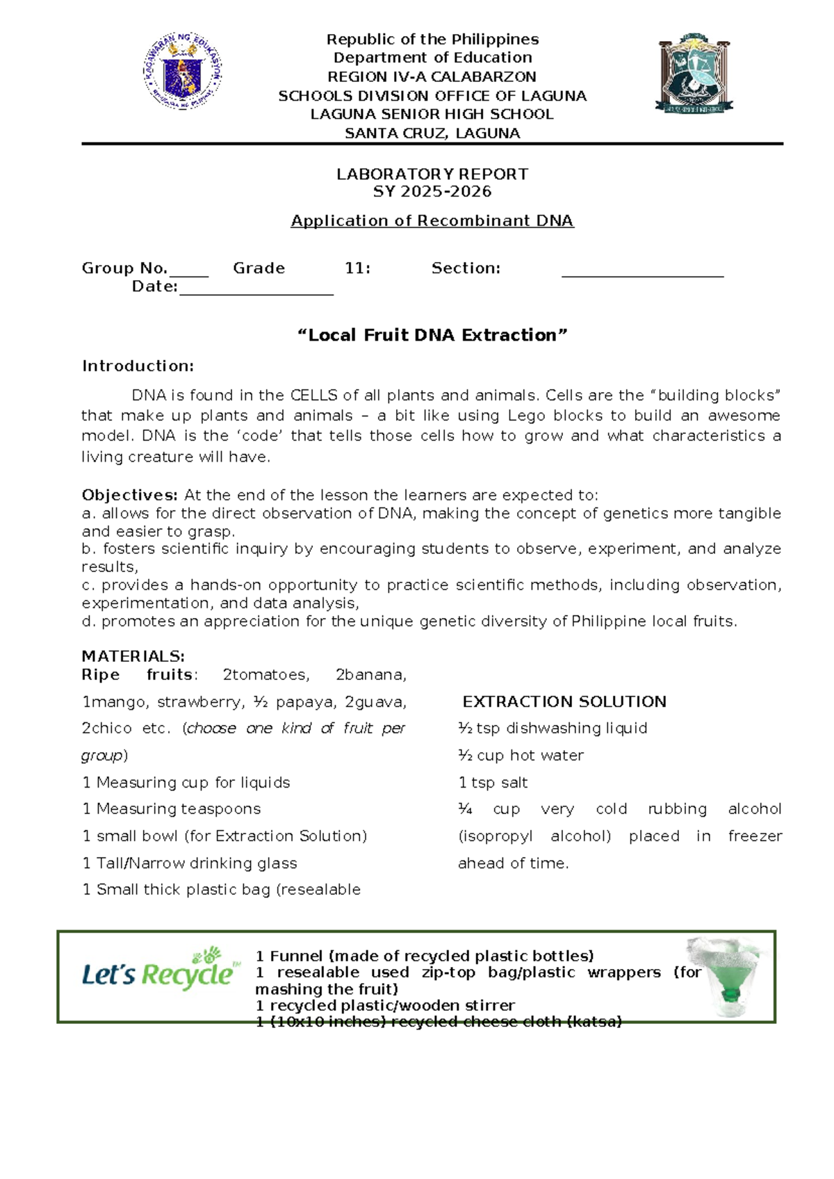 LAB Report: Local Fruit DNA Extraction (Grade 11) - Studocu