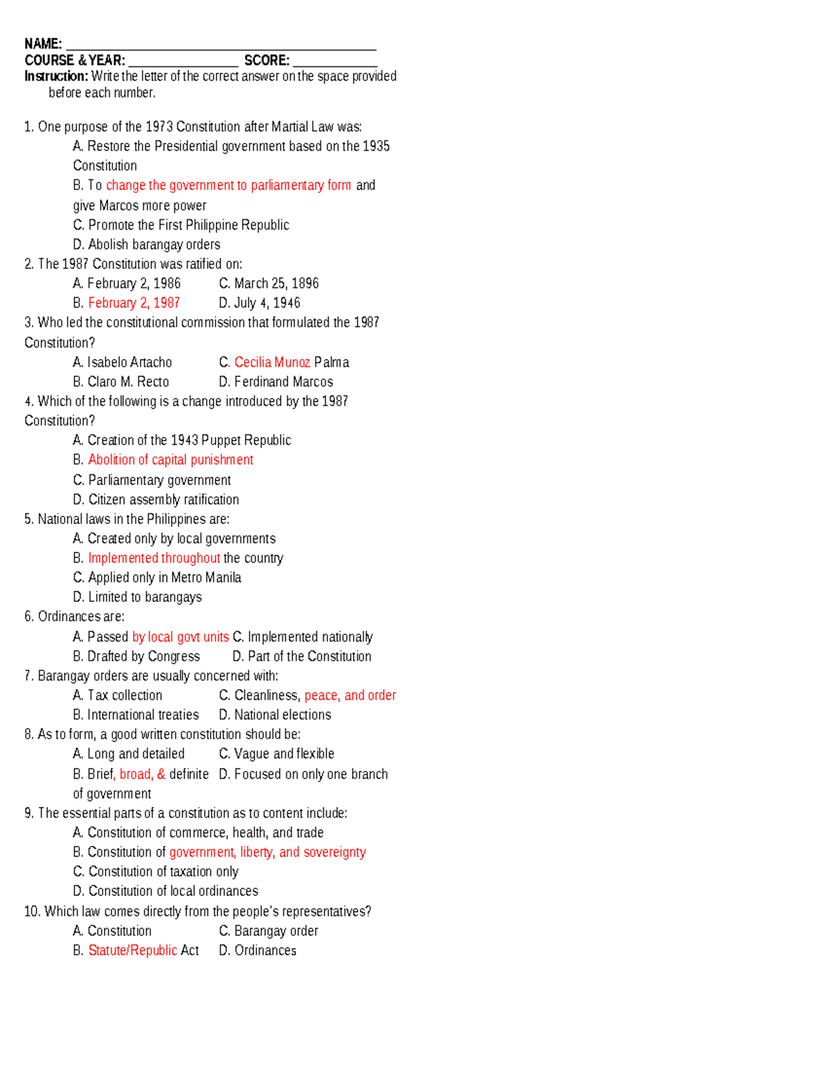 Constitution Quiz: Key Concepts and Questions - Studocu