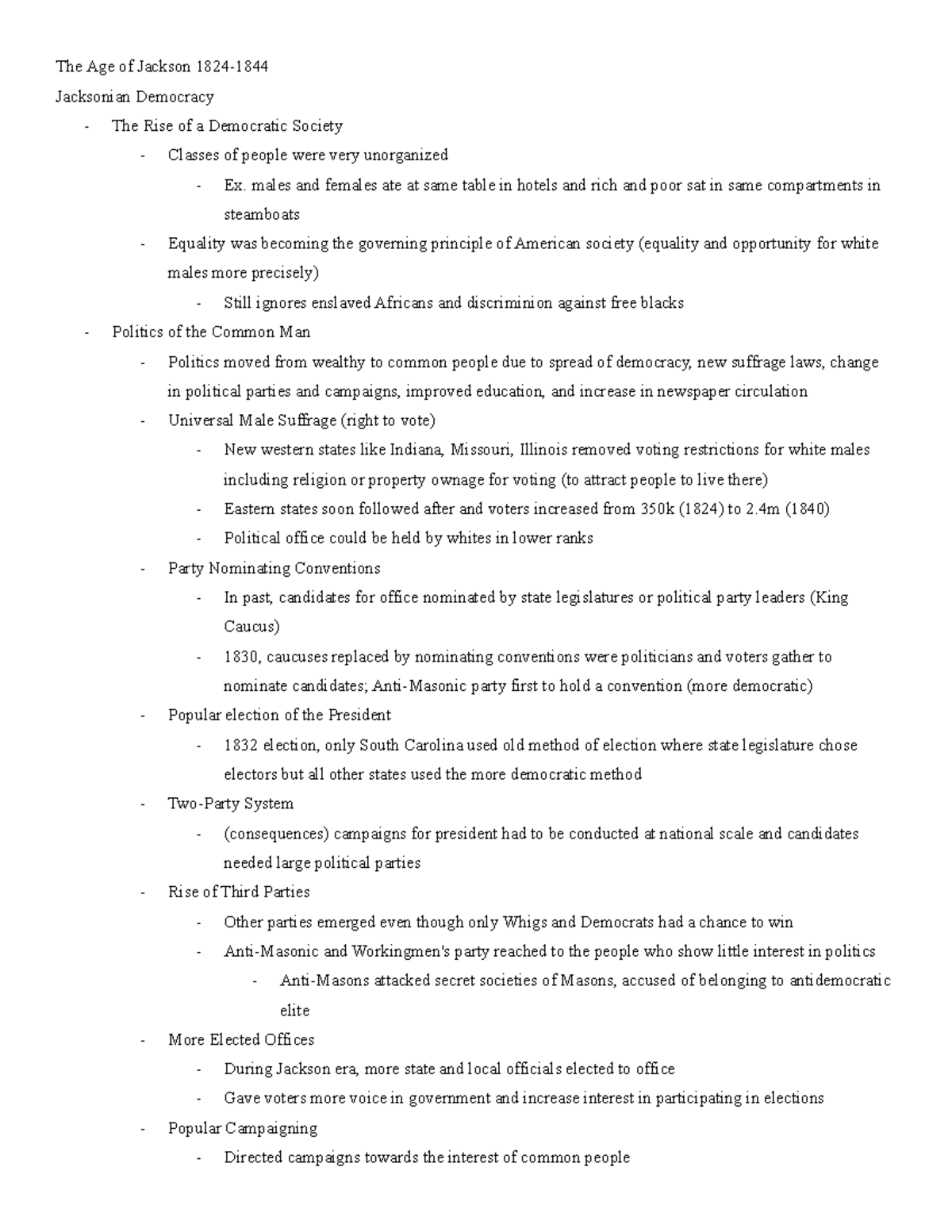 Apush Chapter 10 Notes - The Age of Jackson 1824- Jacksonian Democracy ...