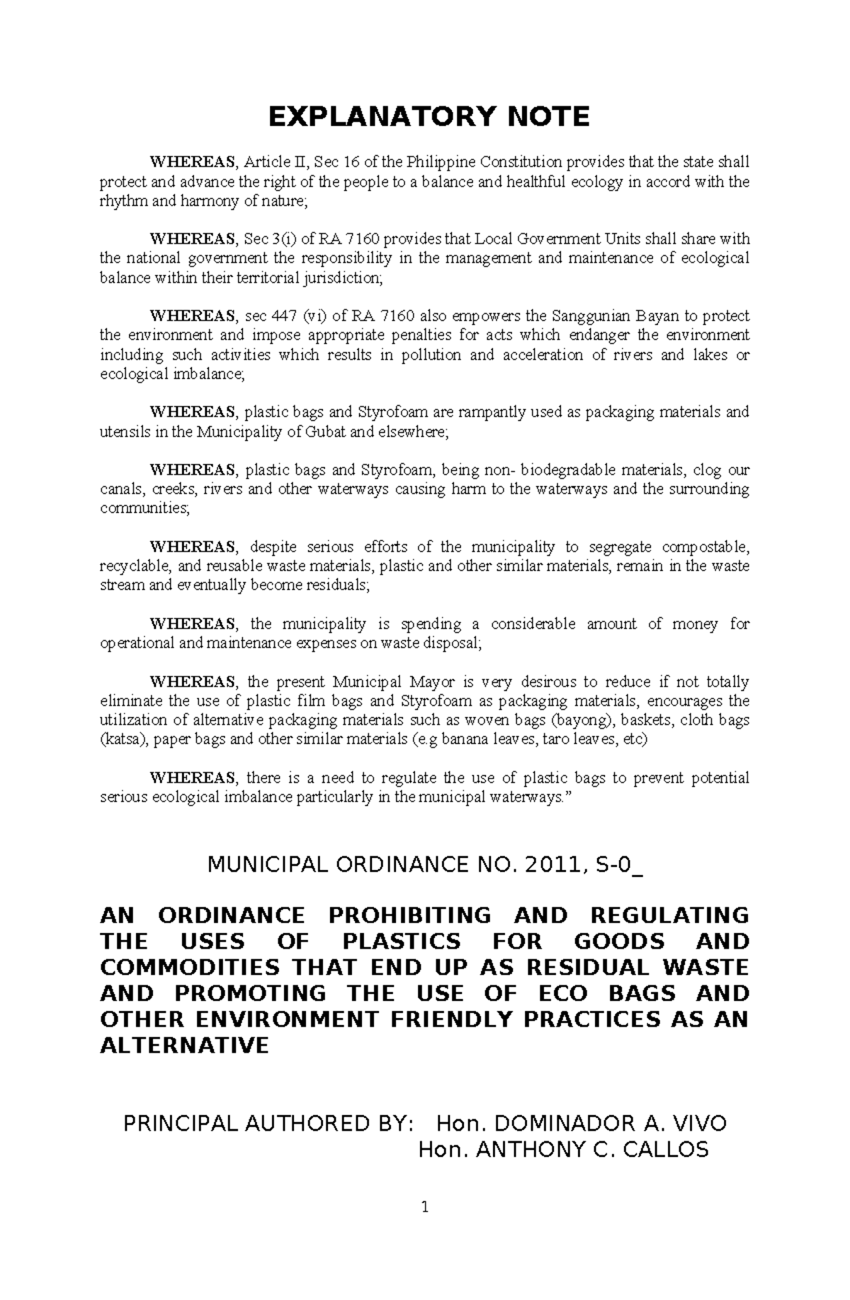 65595627 Ordinance Prohibiting and Or Regulation the Use of Plastic ...