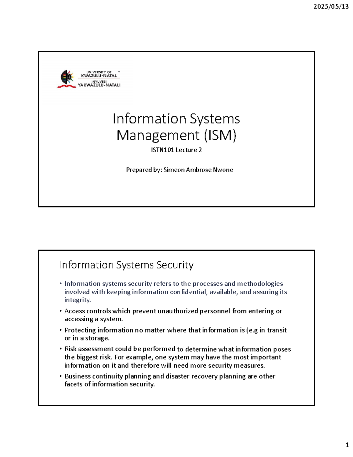 ISM ISTN101 Lecture 2: Information Systems Security Overview - Studocu