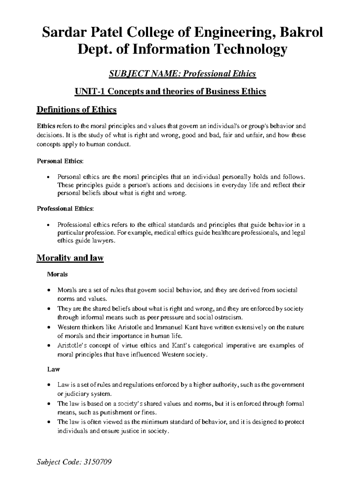 Professional Ethics: Concepts & Theories (PE 3150709) - Studocu