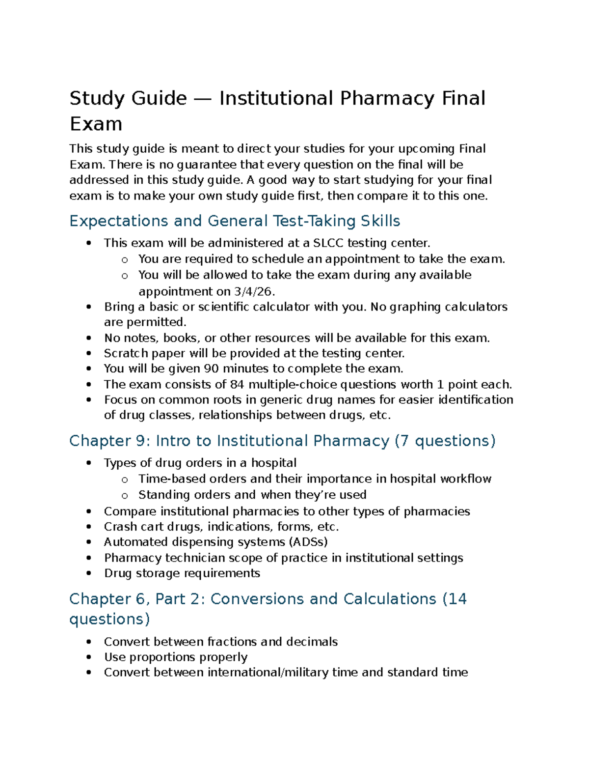 Final Study Guide for Institutional Pharmacy - TEPT 1130 - Studocu