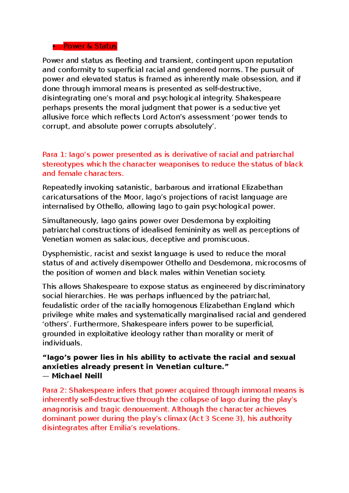 Power and Status in Shakespeare: A-A* Essay Plan with Critics - Studocu
