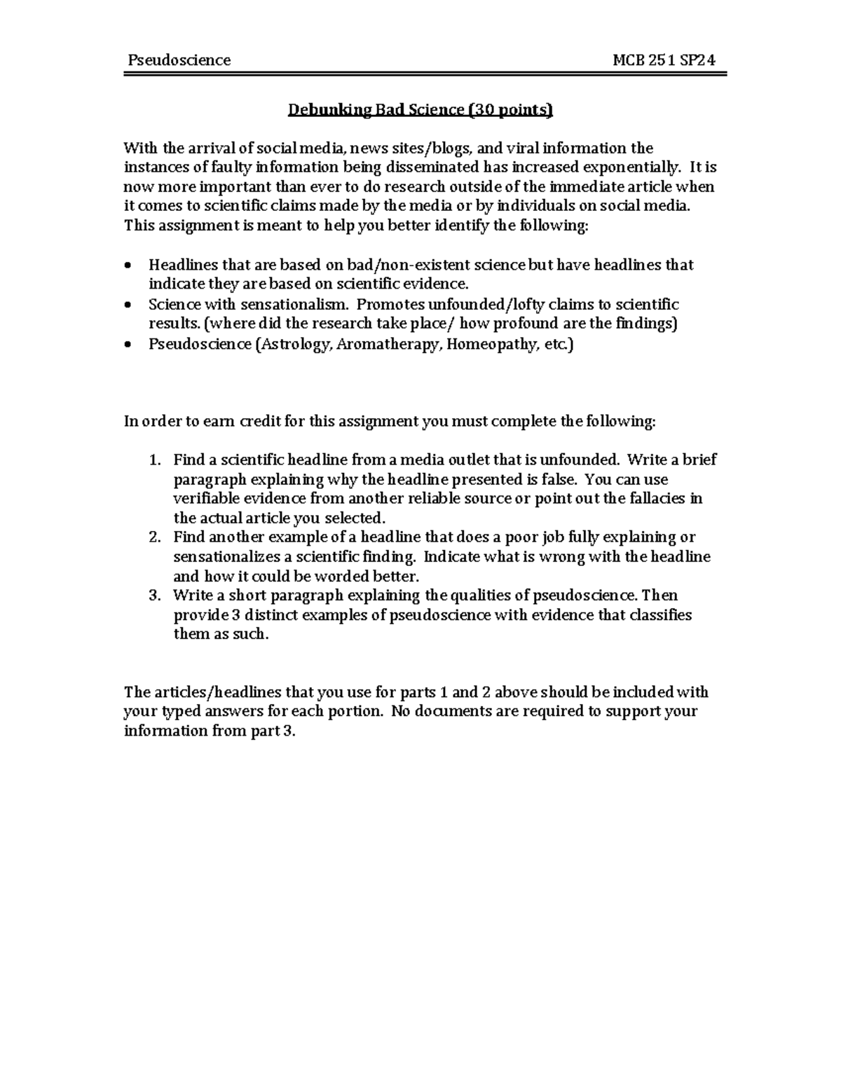 Debunking Pseudoscience: MCB 251 SP24 Assignment (30 pts) - Studocu