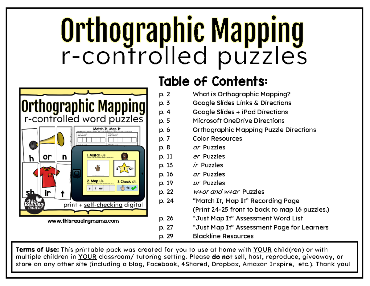 Bossy R Orthographic Mapping Puzzles - Table of Contents: p. 2 What is ...