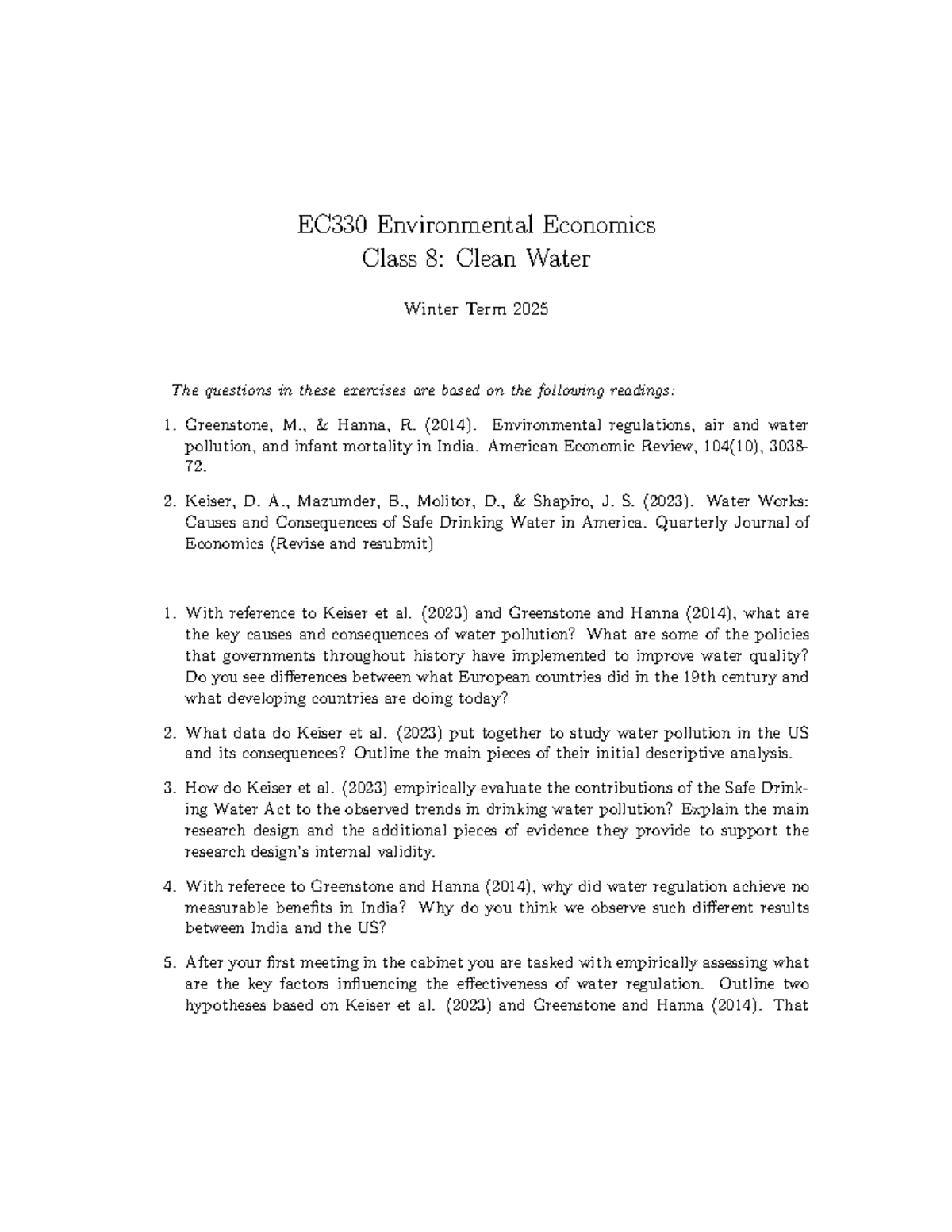 PS 8 - Clean Water - Problem Set - EC330 Environmental Economics Class ...