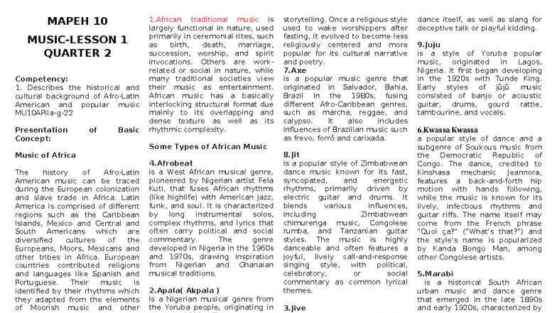 MAPEH 10 1st Quarter: Exploring African Music and Its Influence - Studocu