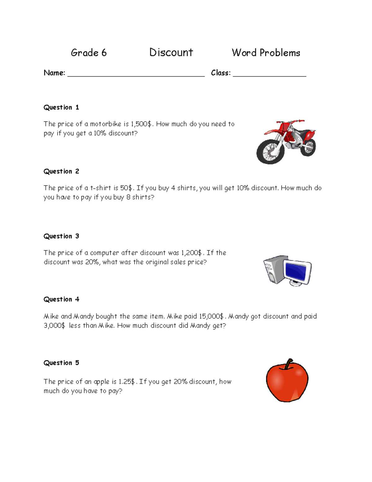 Grade 6 Math: Discount Word Problems Practice - Studocu