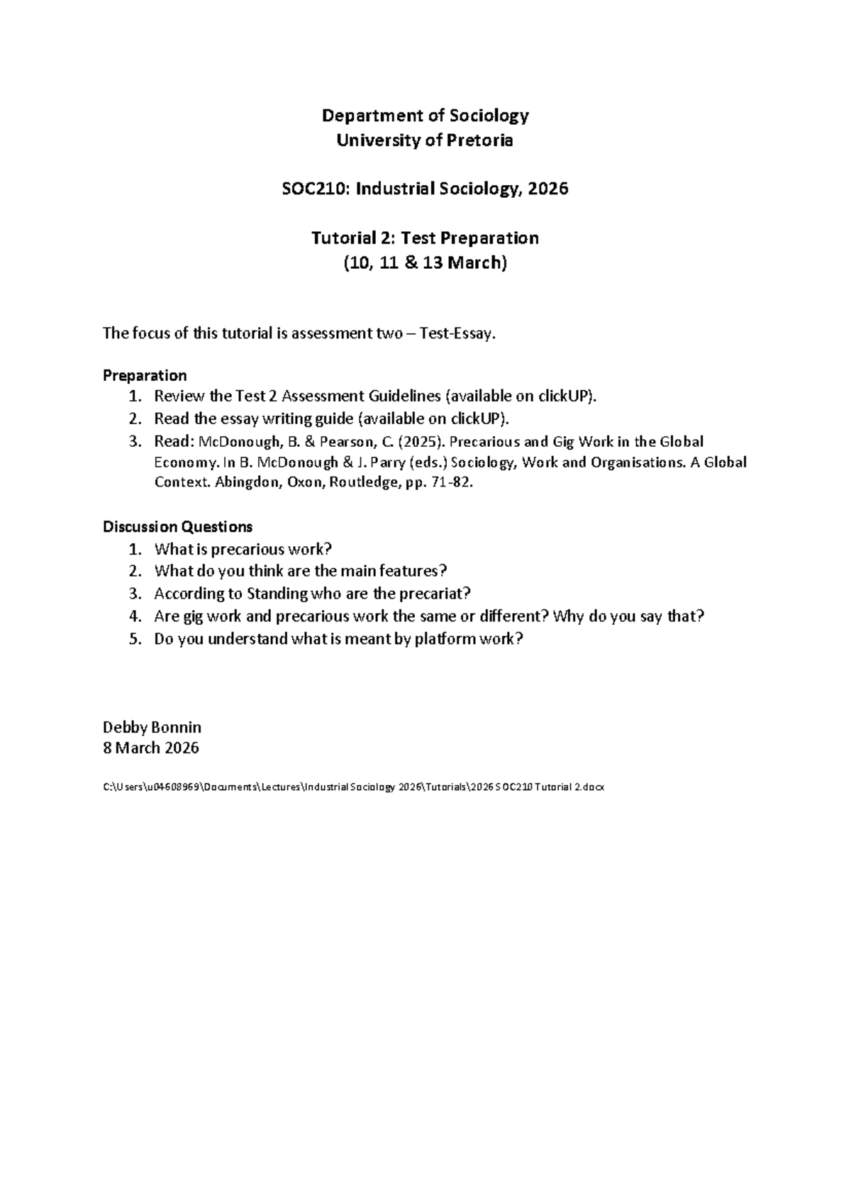 2026 SOC210 Tutorial 2: Test Prep for Industrial Sociology - Studocu