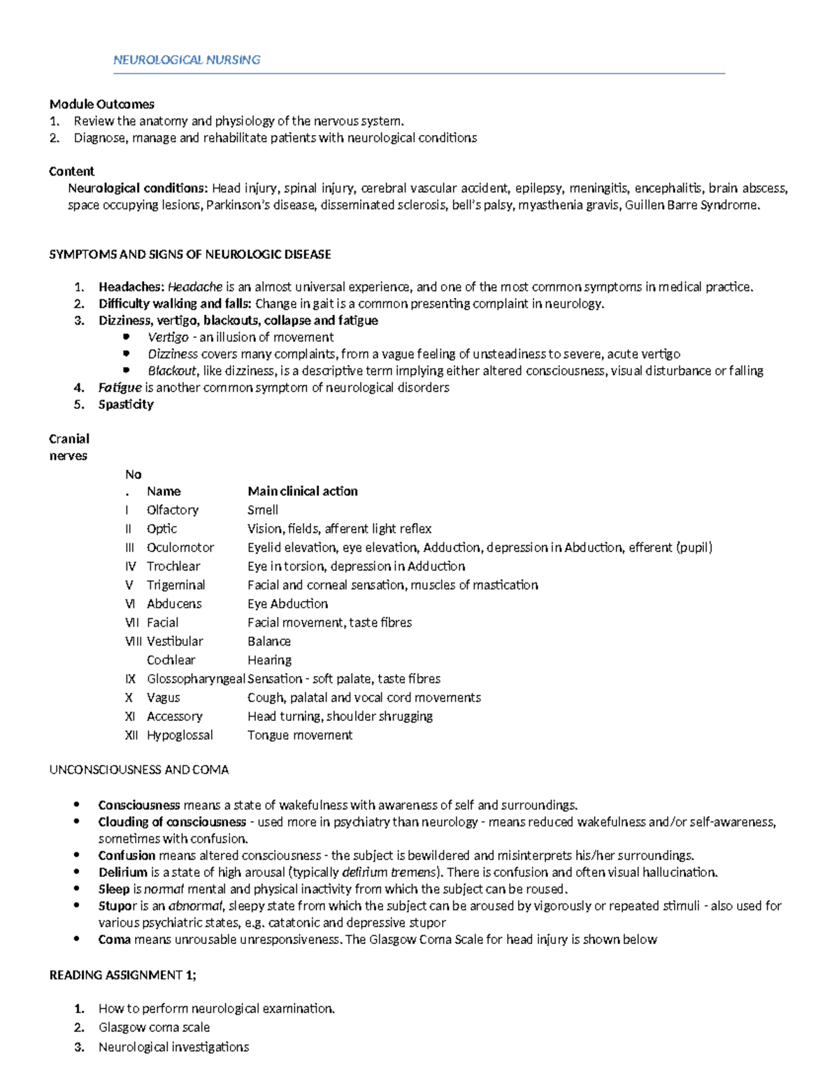 Neurological Nursing (NUR 301) Final Exam Study Guide - Studocu