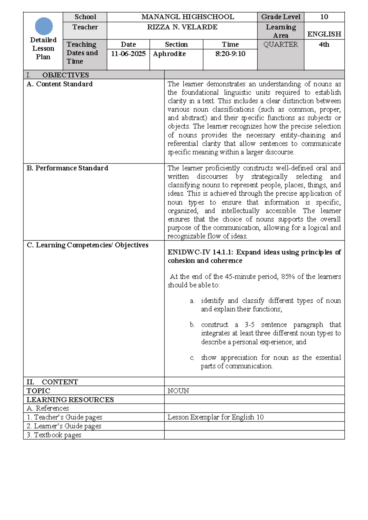 ENGLISH 10 Detailed Lesson Plan on Nouns for 4th Quarter - Studocu