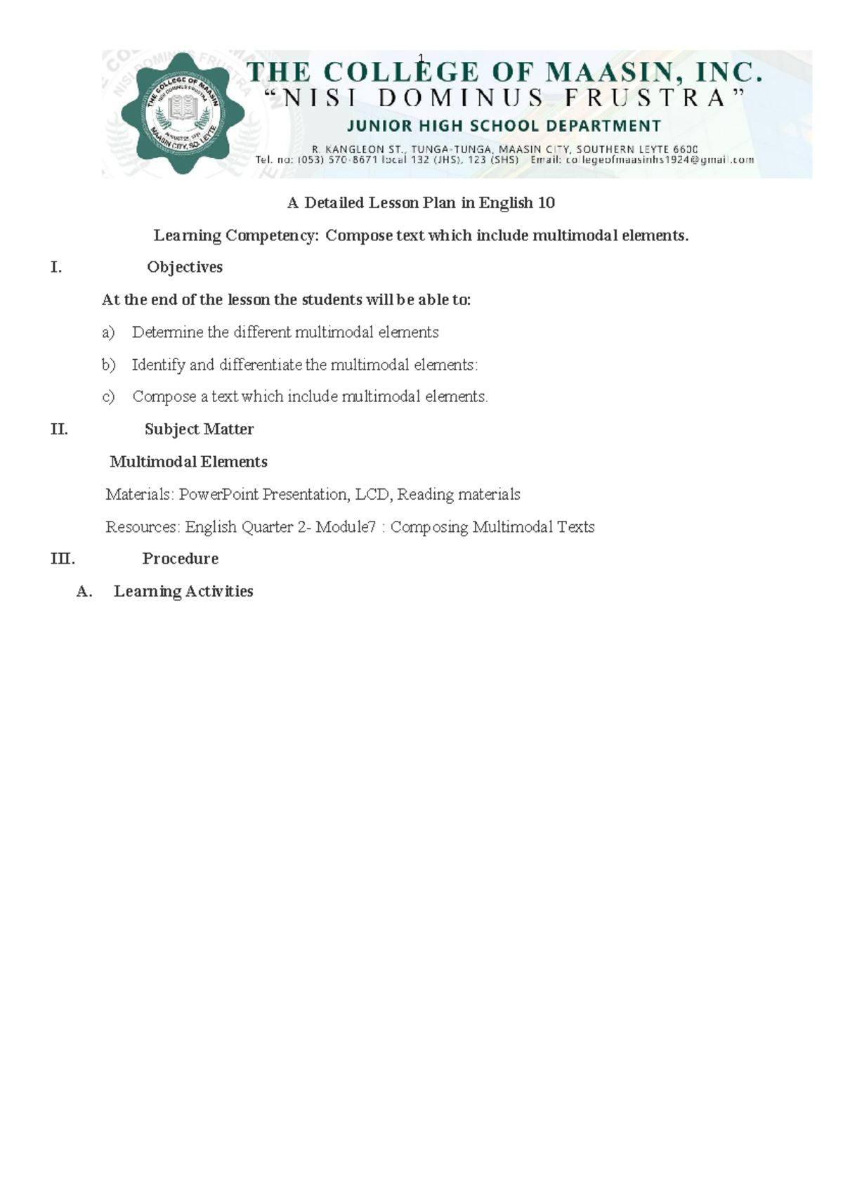English 10 Lesson Plan: Understanding Multimodal Elements - Studocu