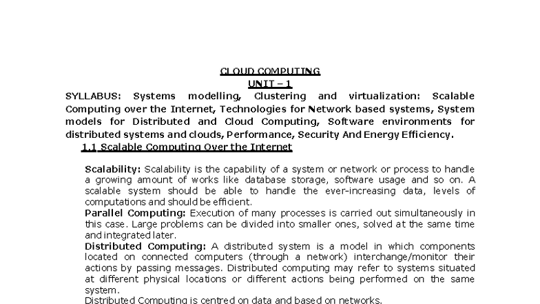 CLOUD COMPUTING UNIT 1 SYLLABUS: Scalable Computing & System Models - Studocu