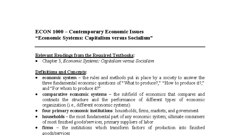 ECON 1000: Economic Systems - Capitalism vs. Socialism Lecture Notes ...