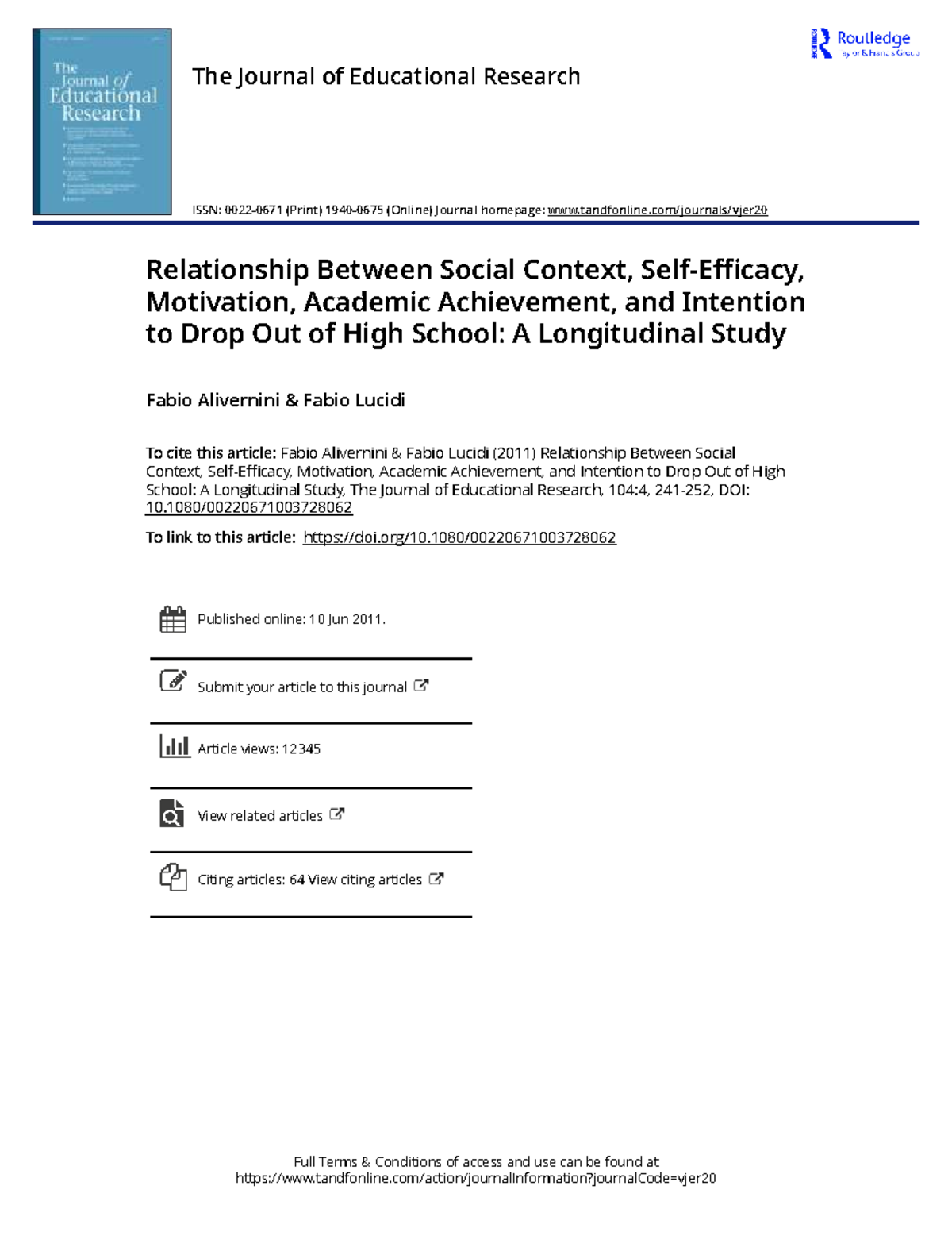 Longitudinal Study on Social Context & High School Dropout Intentions ...