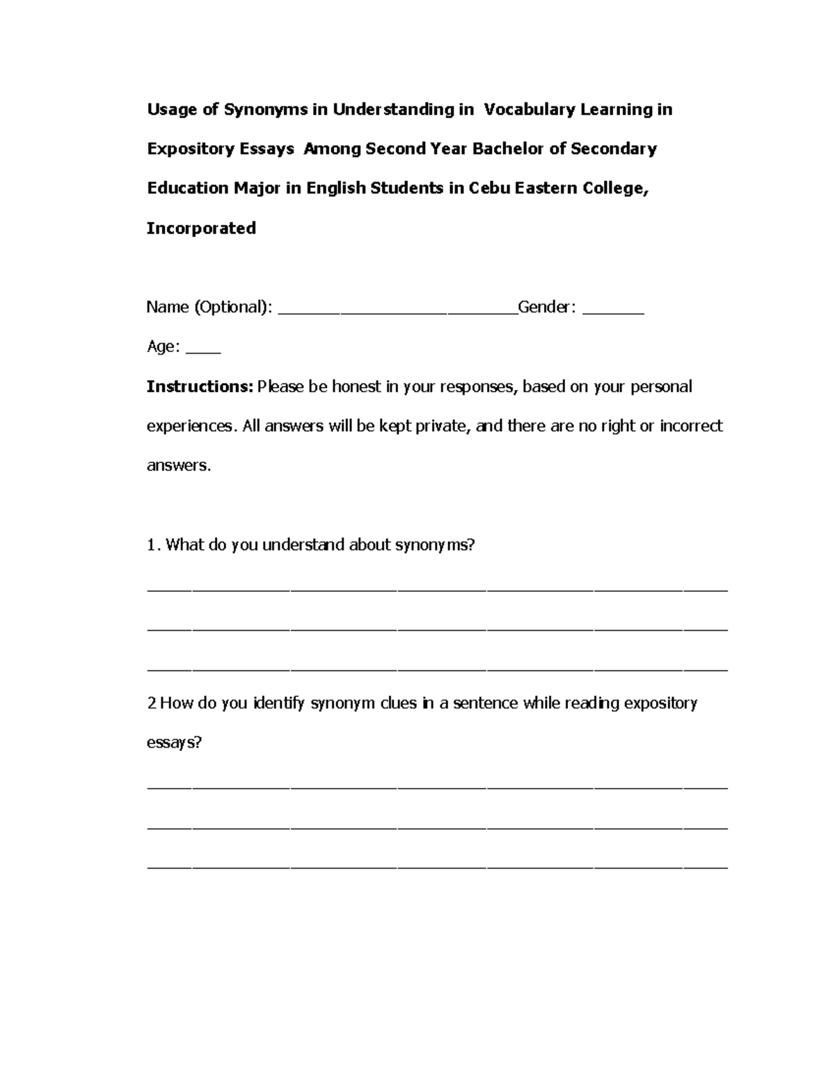 Survey Questionnaire on Synonyms in Vocabulary Learning for ECE 2nd ...