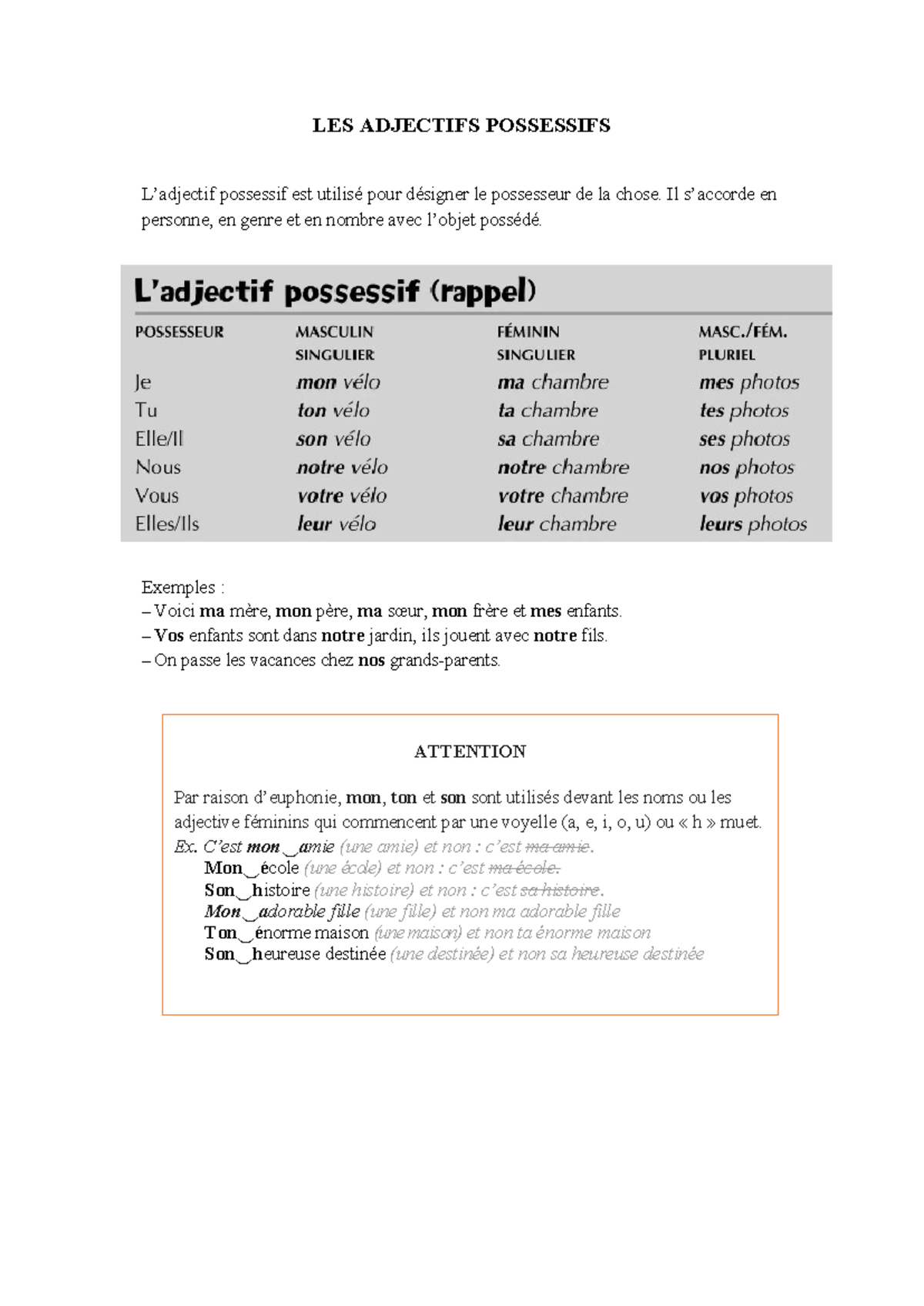 LES ADJECTIFS POSSESSIFS - Devoir 1 sur la famille - Studocu